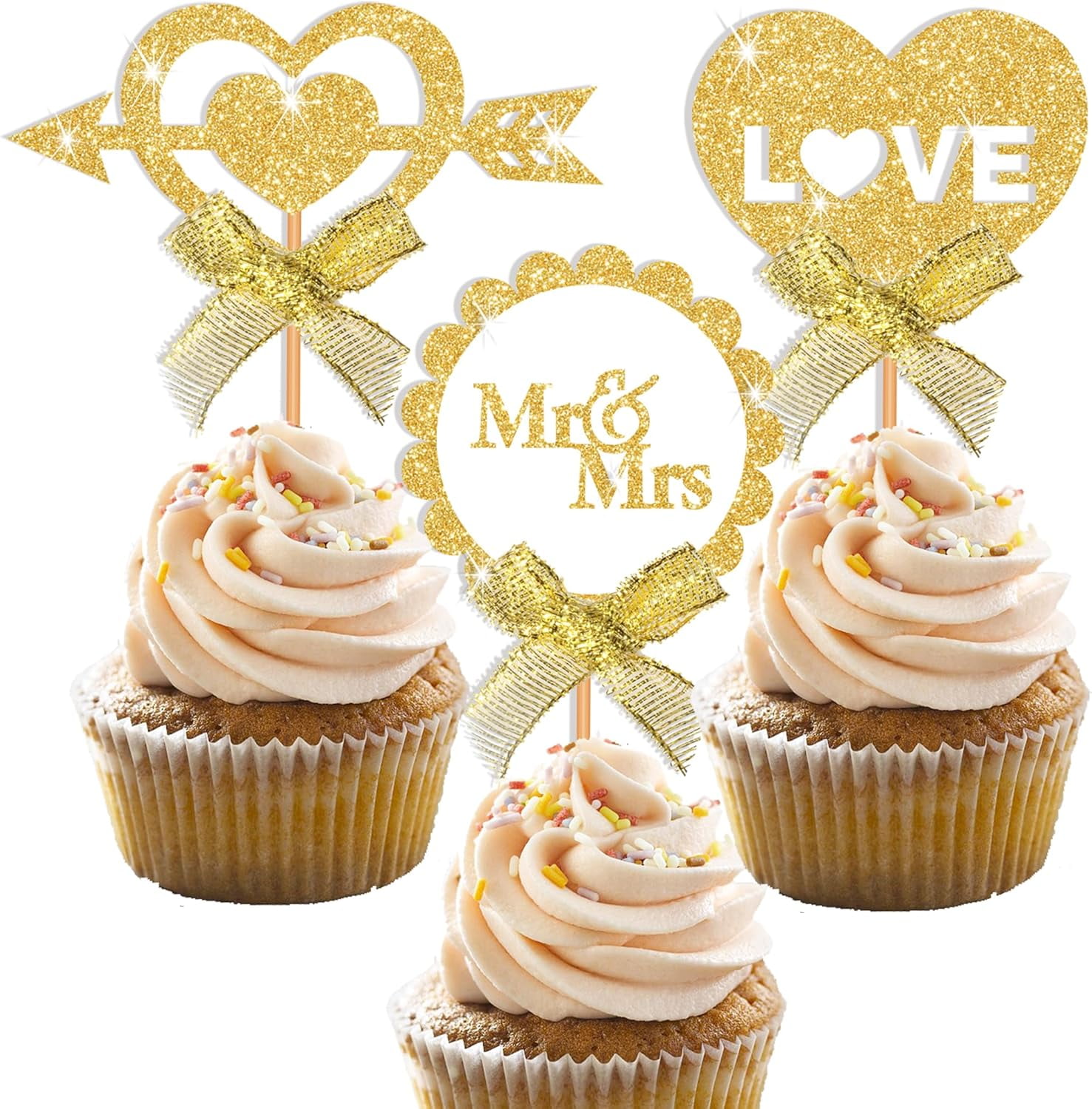 GZhLonKiMa Wedding Cupcake Topper, Gold Wedding Cake Toppers Bride and ...