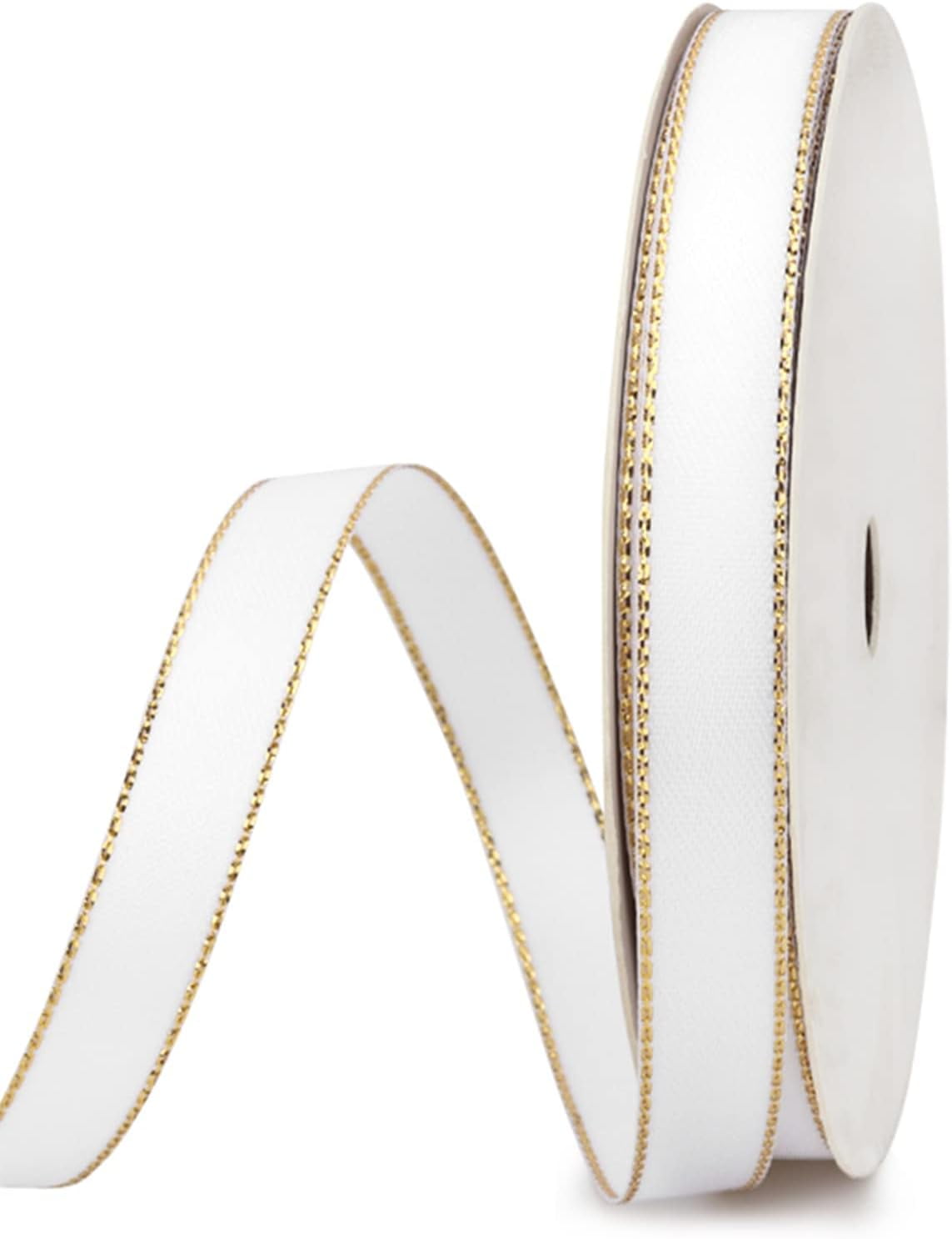 GZhLonKiMa White Double Faced Satin Ribbon with Gold Edge, 1” Polyester ...