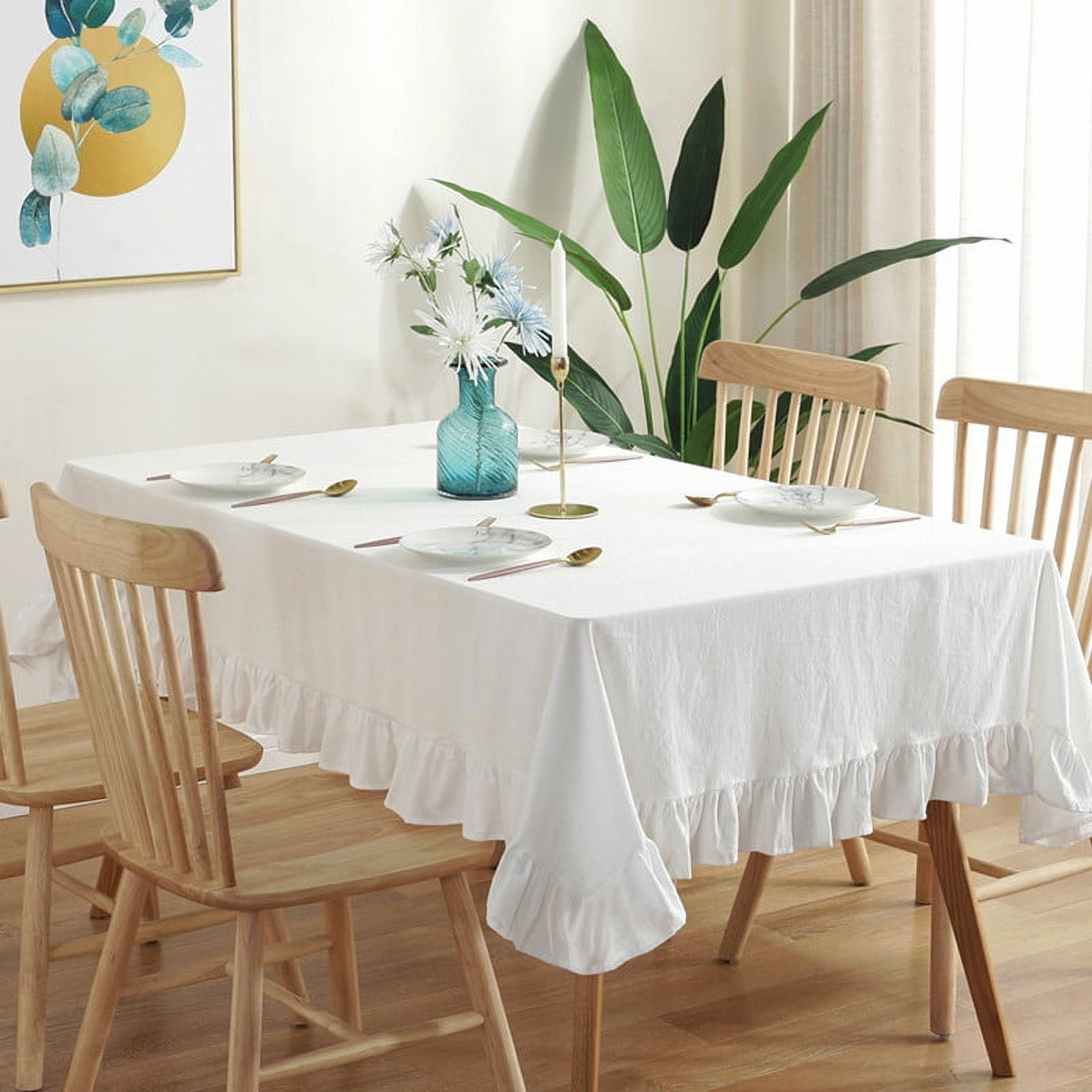GZhLonKiMa White Tablecloth Washable Vintage Ruffle Trim Table Cover ...