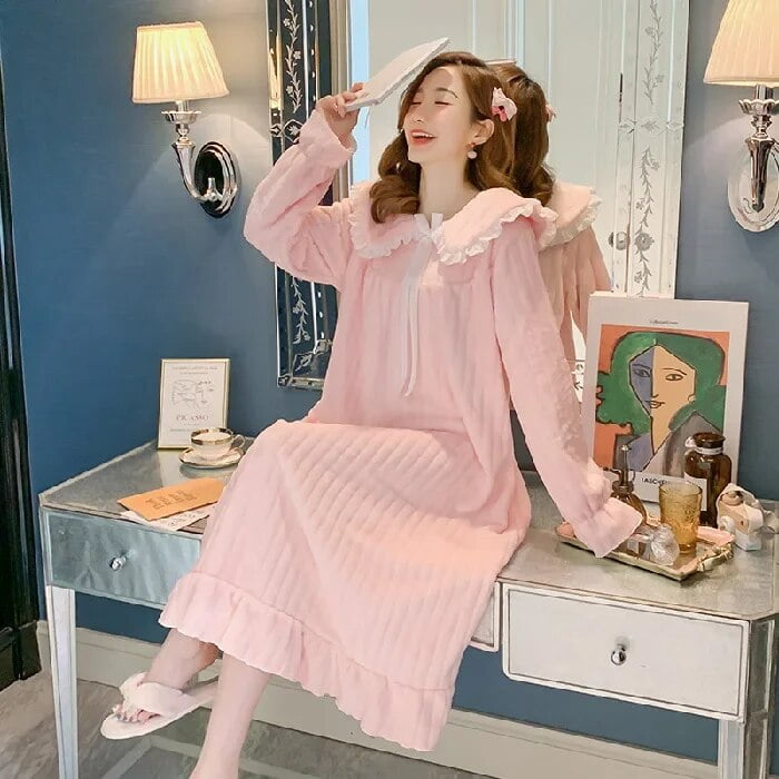GZhLonKiMa Winter Women Flannel Nightdress Thicken Warm Sleepwear ...