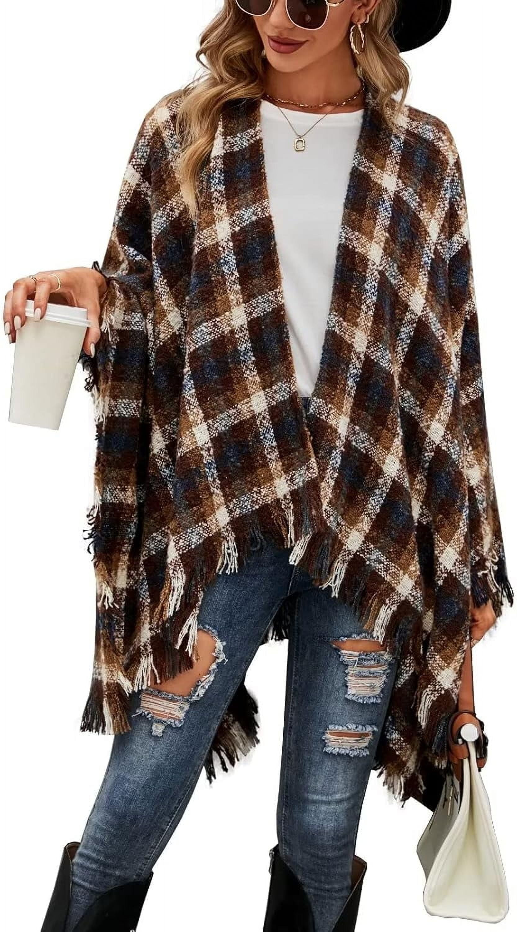 GZhLonKiMa Women Boho Buffalo Plaid Poncho Pashmina Shawl Wrap Cape ...