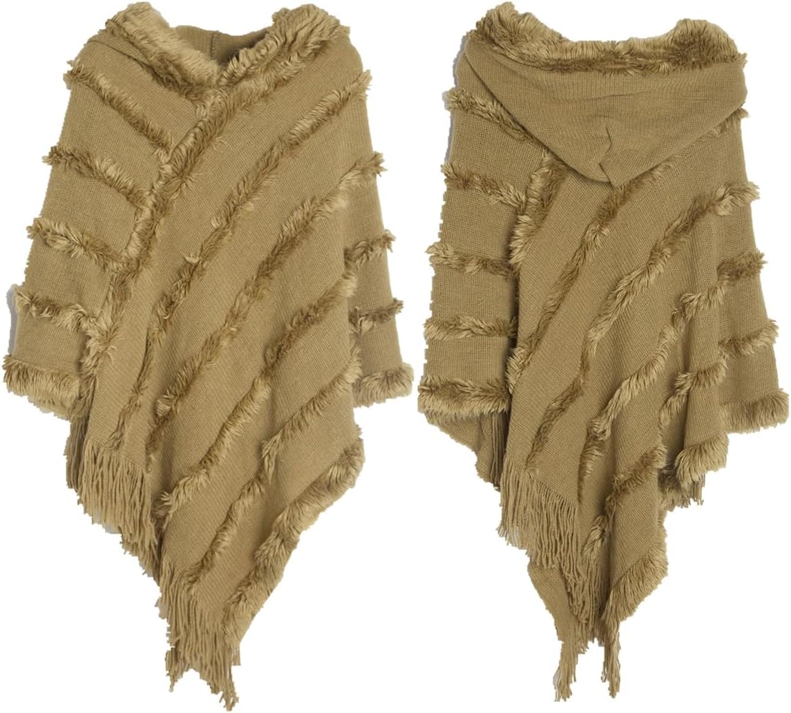 GZhLonKiMa Women Fashion Pullover Hooded Poncho Faux Fur Collar Shawl ...