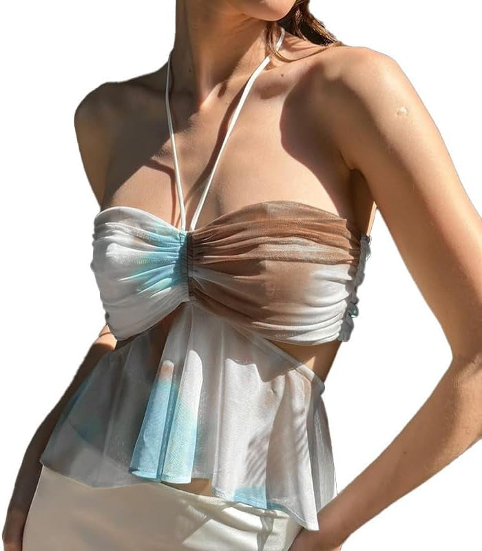 GZhLonKiMa Women Sexy Sheer Halter Top Y2k Coquette Strapless Top Summer Vacation Beach Cover Up ...