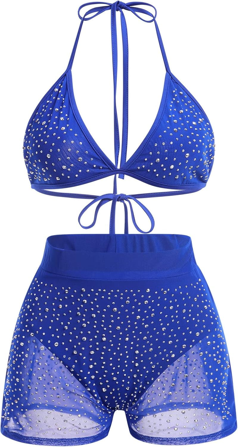 GZhLonKiMa Women Sparkle Rhinestone Mesh Sheer Bikini Sets Halter Bra ...