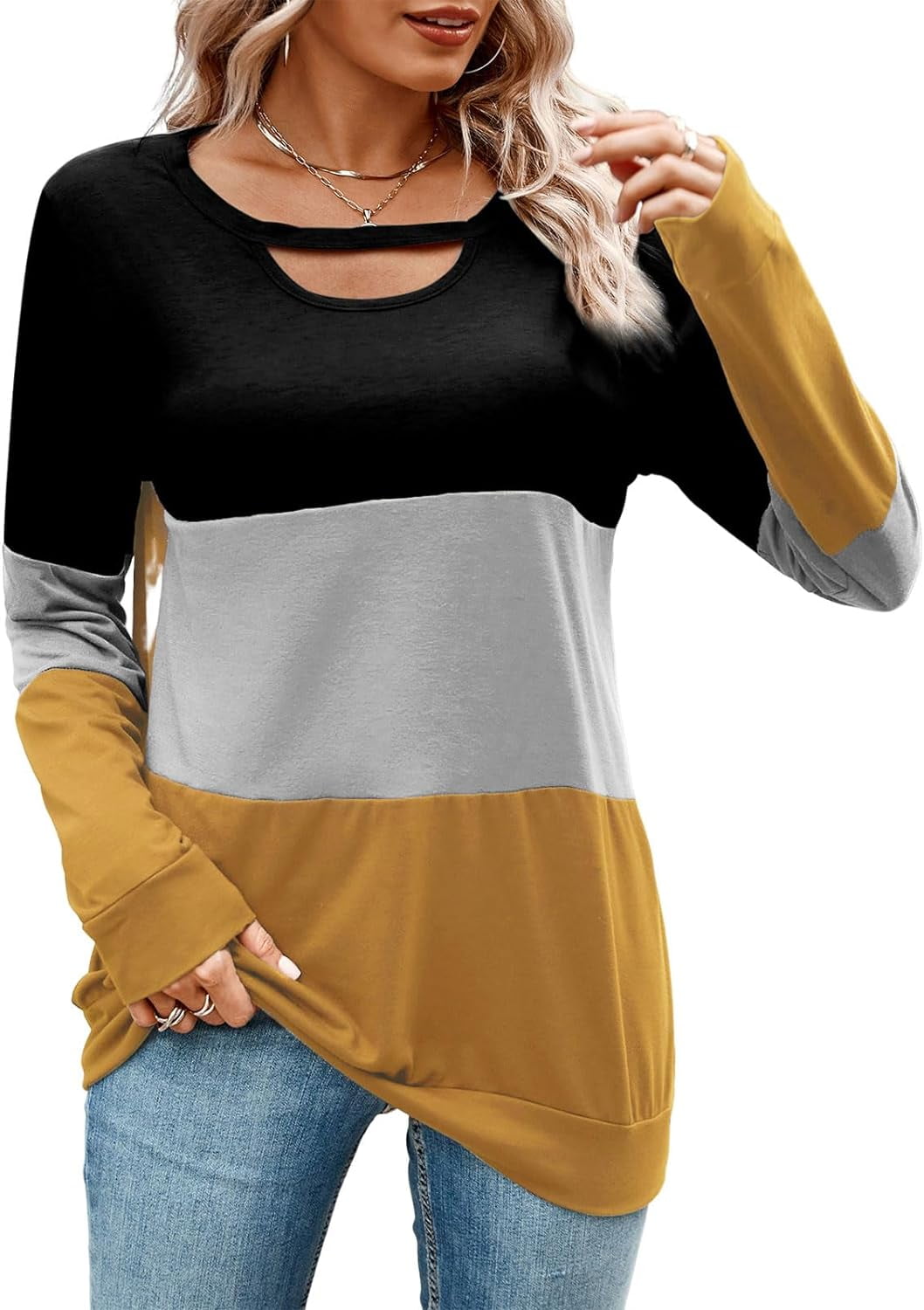 Gzhlonkima Womens Color Block Tunic Top Casual Long Sleeve Cutout Crew