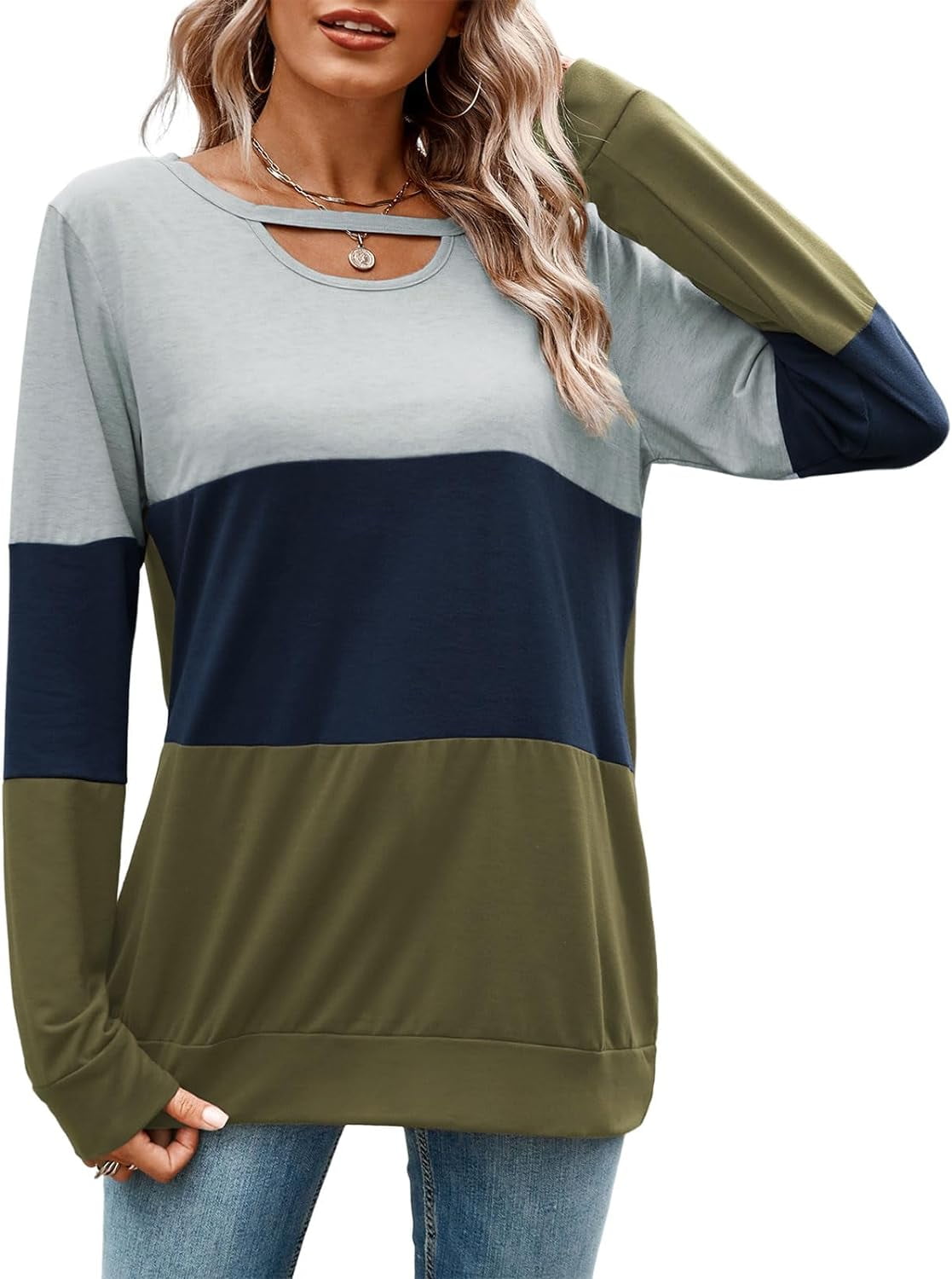 Gzhlonkima Womens Color Block Tunic Top Casual Long Sleeve Cutout Crew