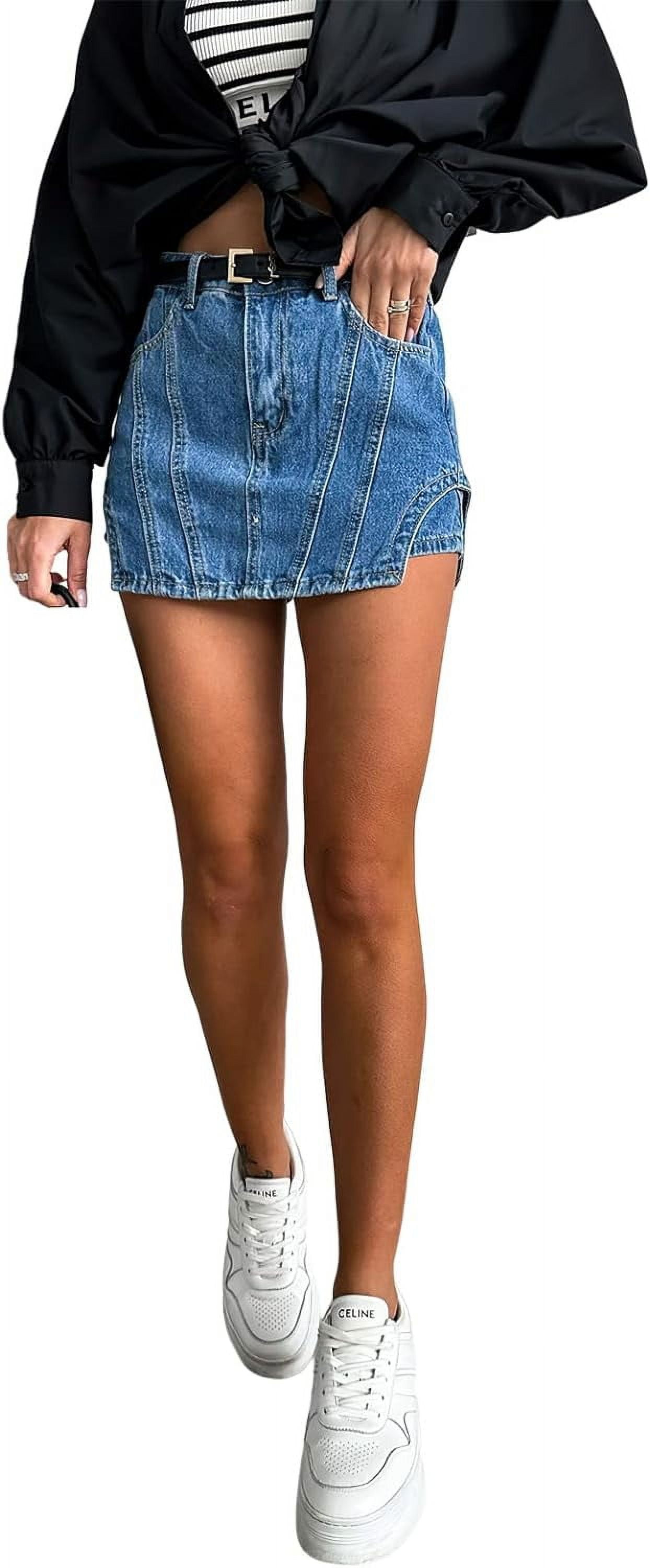 Gzhlonkima Womens Jeans Skorts Mini Skirt High Waist A Line Wrap
