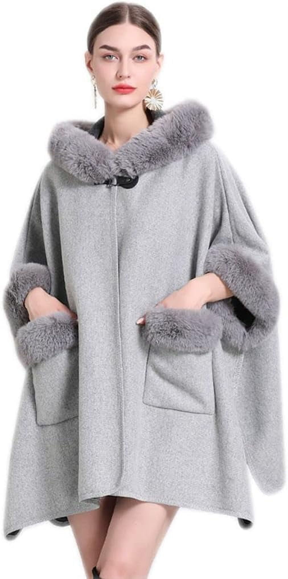 GZhLonKiMa Women's Luxury Batwing Sleeve Faux Fur Hooded Cloak Open ...