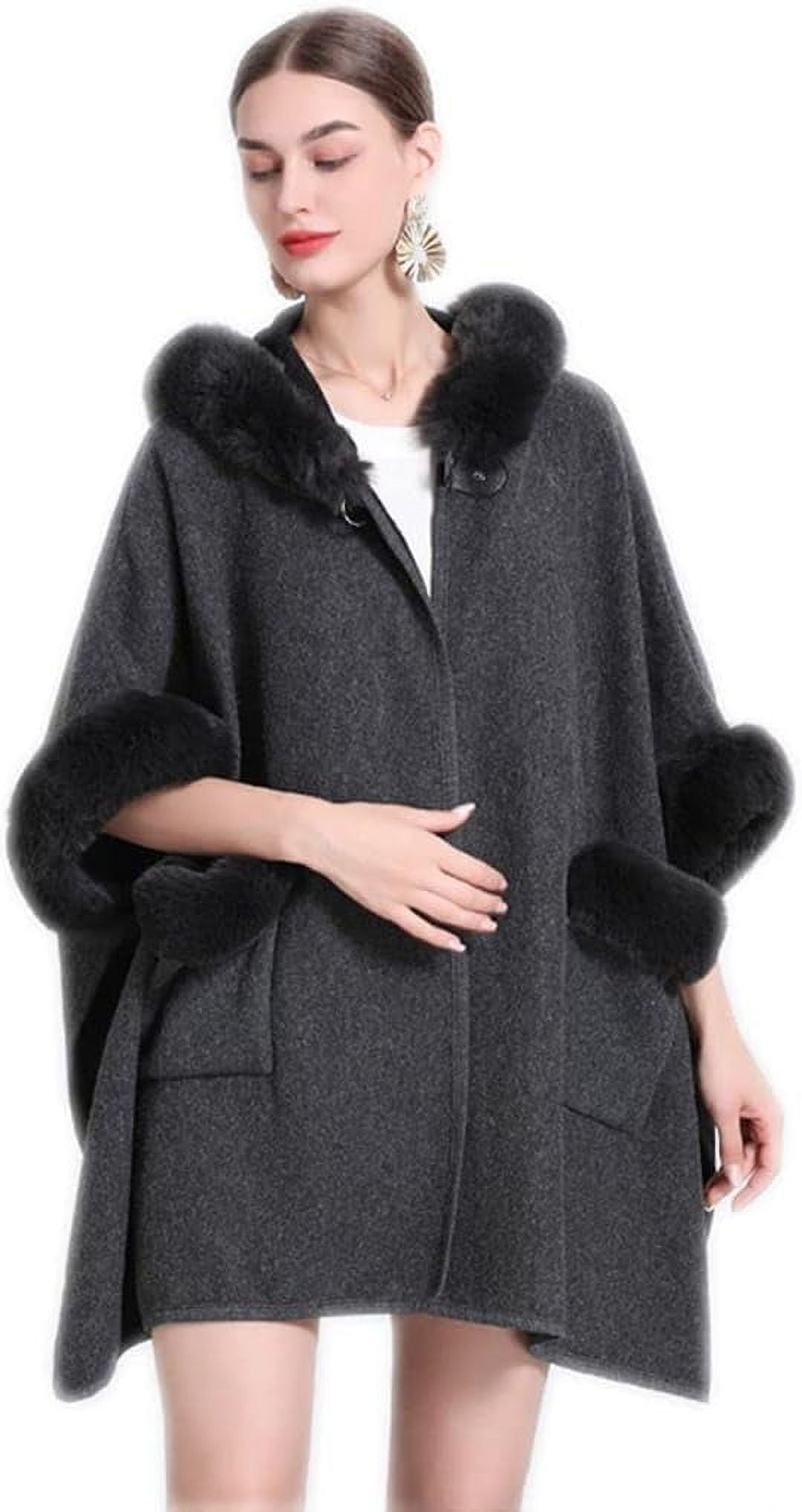 GZhLonKiMa Women's Luxury Batwing Sleeve Faux Fur Hooded Cloak Open ...