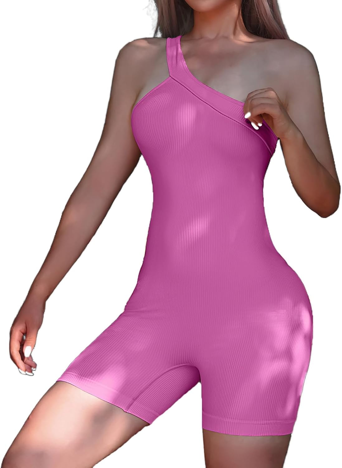 Gzhlonkima Womens Sexy One Shoulder Yoga Romper Ribbed Bodycon Shorts