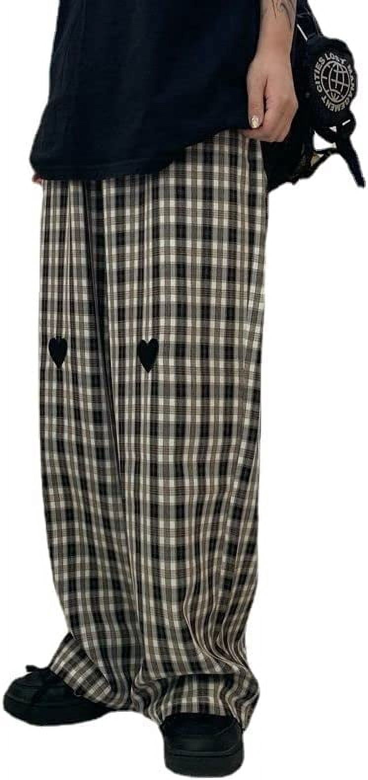 GZhLonKiMa Y2K Plaid Pants for Women Heart Embroidery Baggy Pants Goth ...