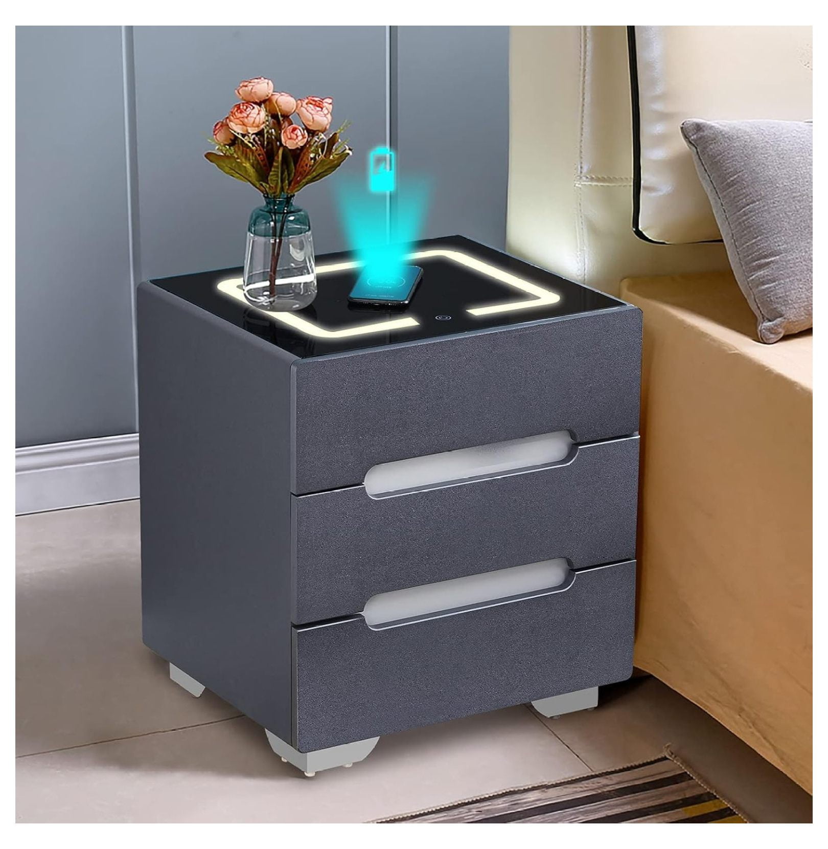 GaGaLee Smart Nightstand with Wireless Charging Station, 3 Color LED ...