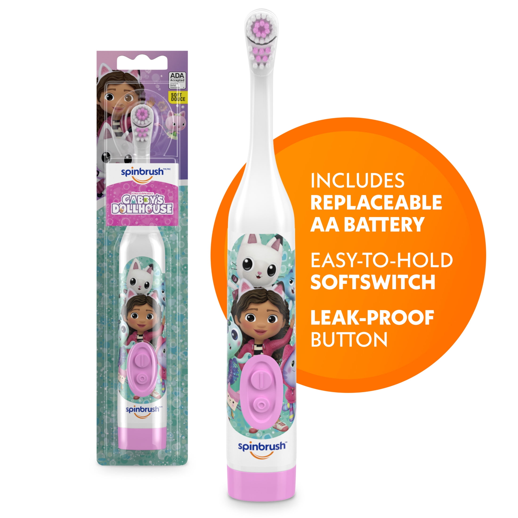 Gabby's Dollhouse Kid’s Spinbrush Electric Toothbrush, Battery Powered ...