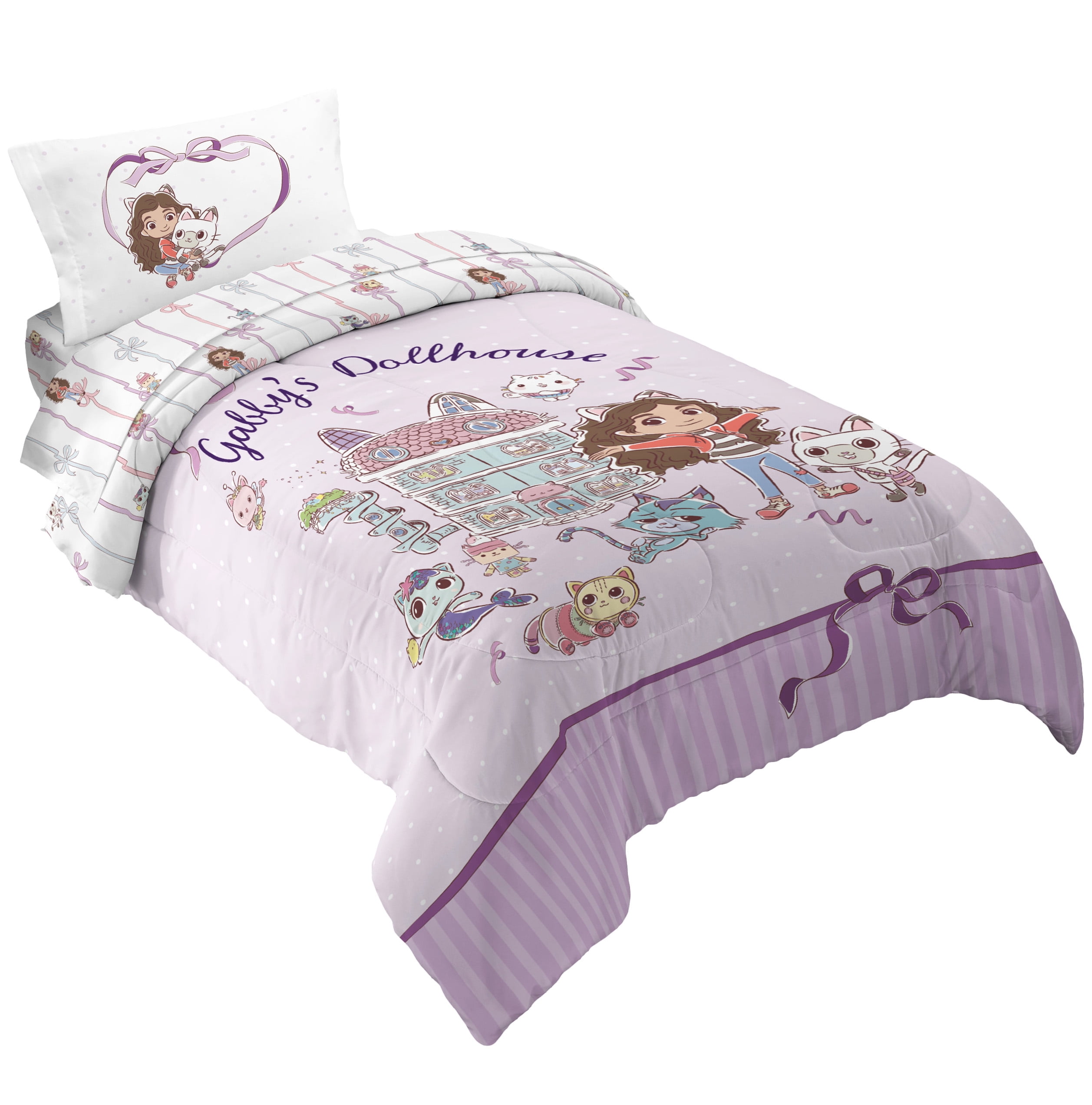 Gabby's Dollhouse Kids Purple Reversible Comforter, Bed in a Bag, Full ...