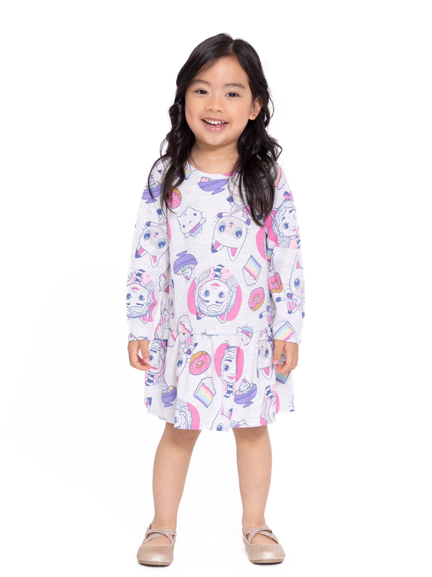 Gabby's Dollhouse Toddler Girl Long Sleeve Drop Waist All Over Print Dress, Sizes 12M-5T ...