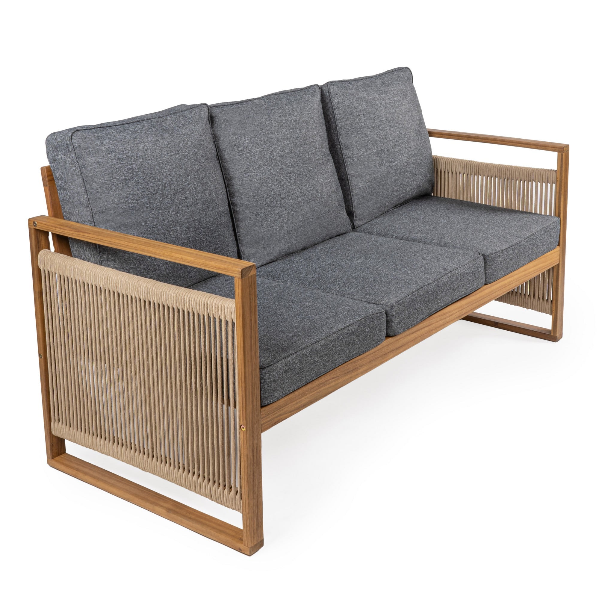 Gable 3-Seat Mid-Century Modern Roped Acacia Wood Outdoor Sofa with ...