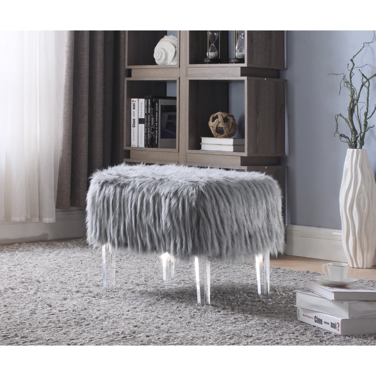 Gabriel Modern Contemporary Faux Fur Acrylic Leg Ottoman - Walmart.com