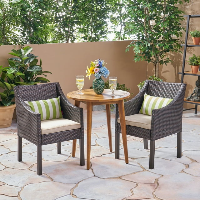 Gabriella Outdoor 3 Piece Wood and Wicker Bistro Set with Cushions ...