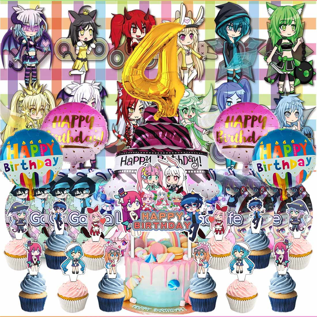 Gacha Life 4th Tableware Balloons Cake Toppers Backdrop Banner Supplies ...