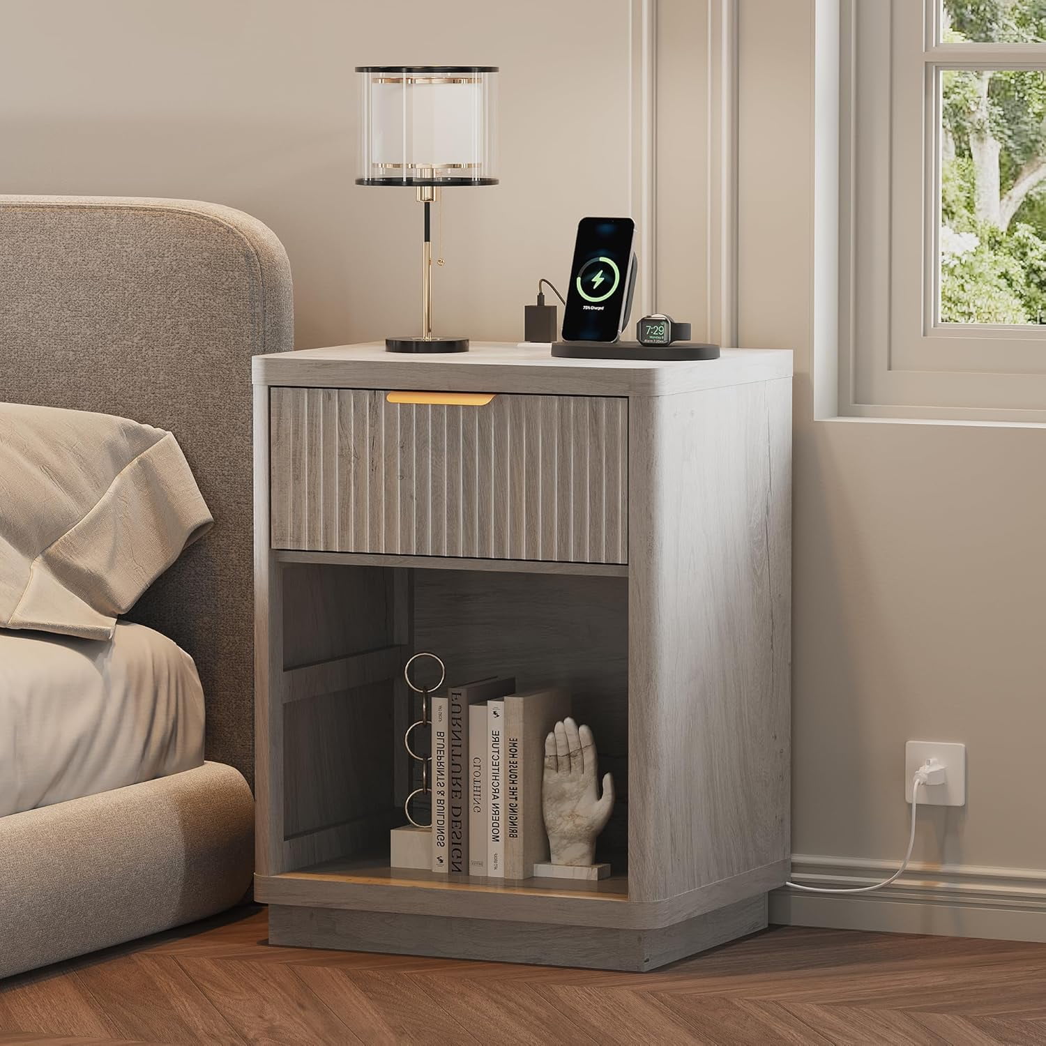 Gaderth 1pack Fluted Farmhouse Night Stand, Fluted Nightstand with ...