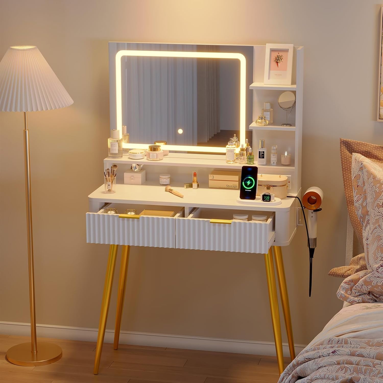 Gaderth 31.5" Makeup Vanity Desk with LED Lighted Mirror, Dressing ...