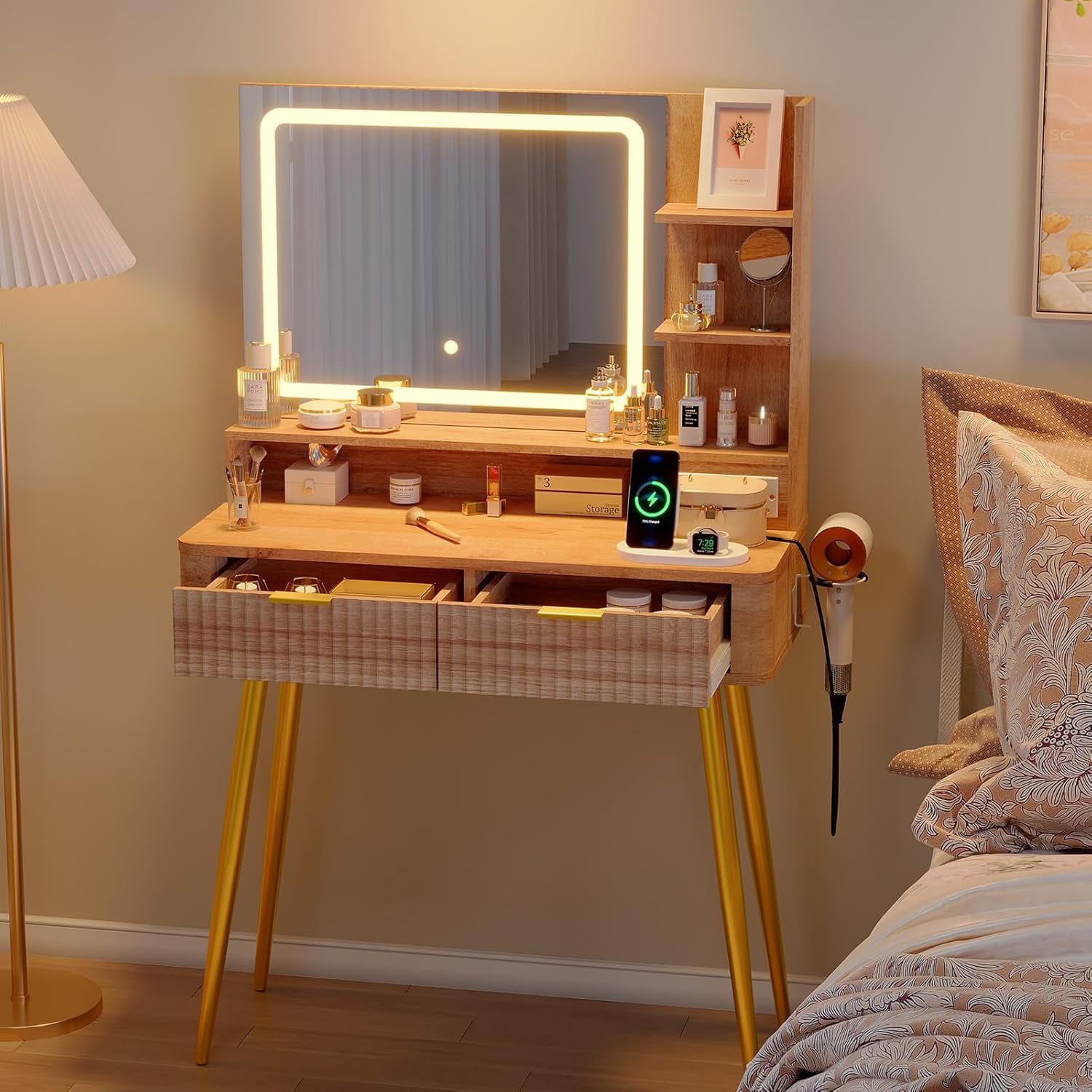 Gaderth 31.5" Makeup Vanity Desk with LED Lighted Mirror, Dressing ...