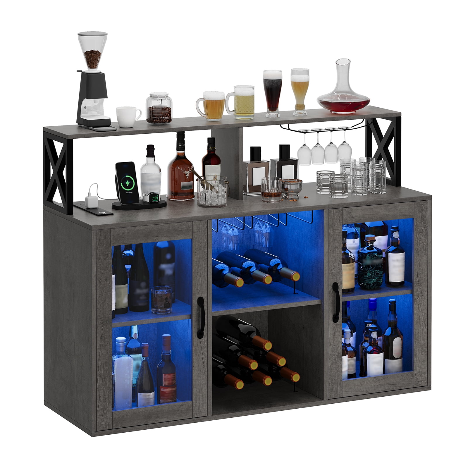 Gaderth 47 Inch Freestanding LED Bar Cabinet with Power Outlets & Wine ...