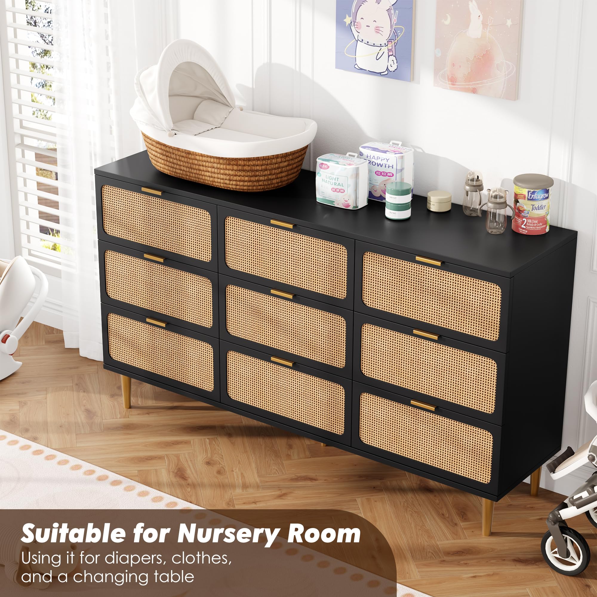 Gaderth 9 Drawer Dresser For Bedroom,Rattan Dressers & Chest Of Drawers ...