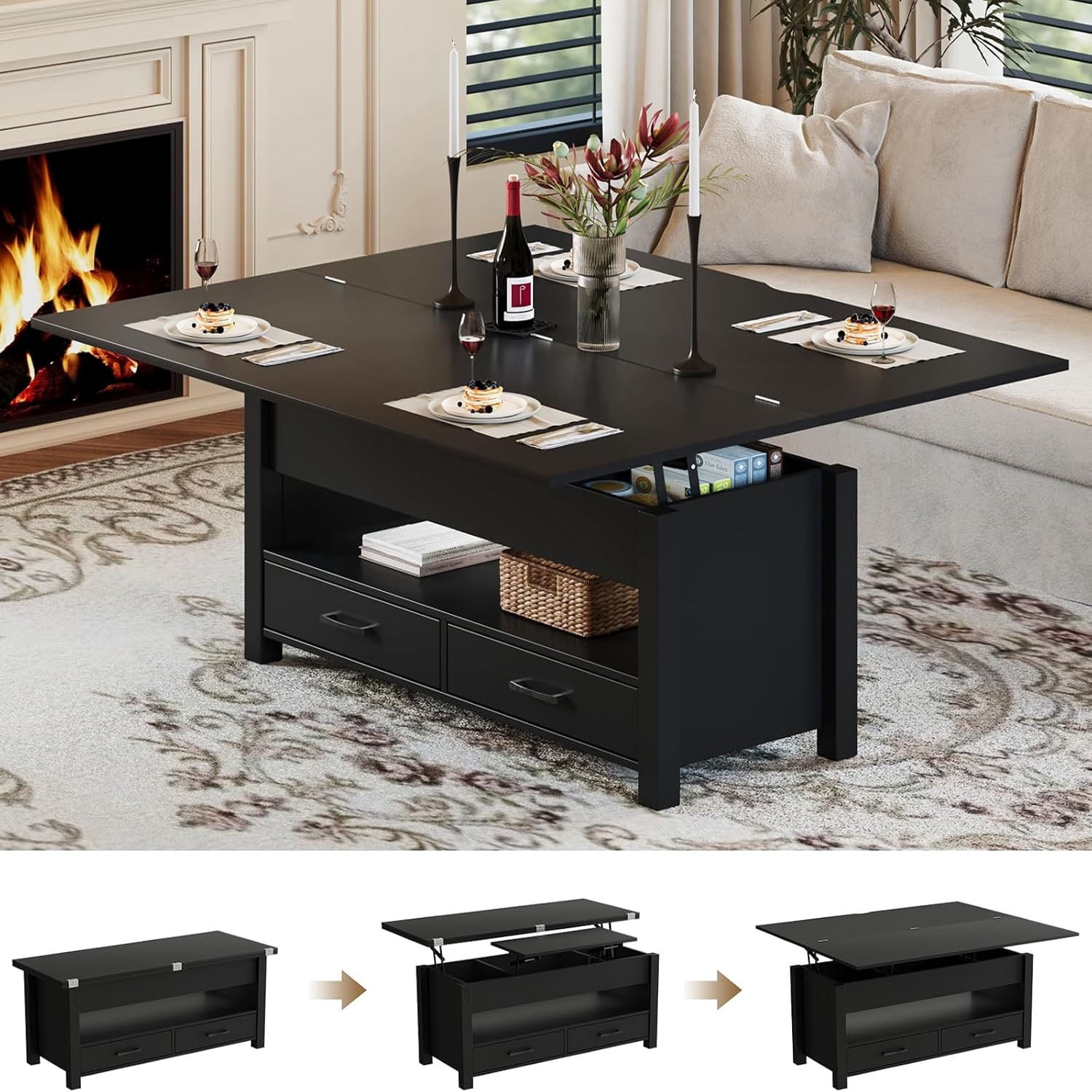 Gaderth Lift Top Coffee Table with Storage, Multi-Function Convertible ...