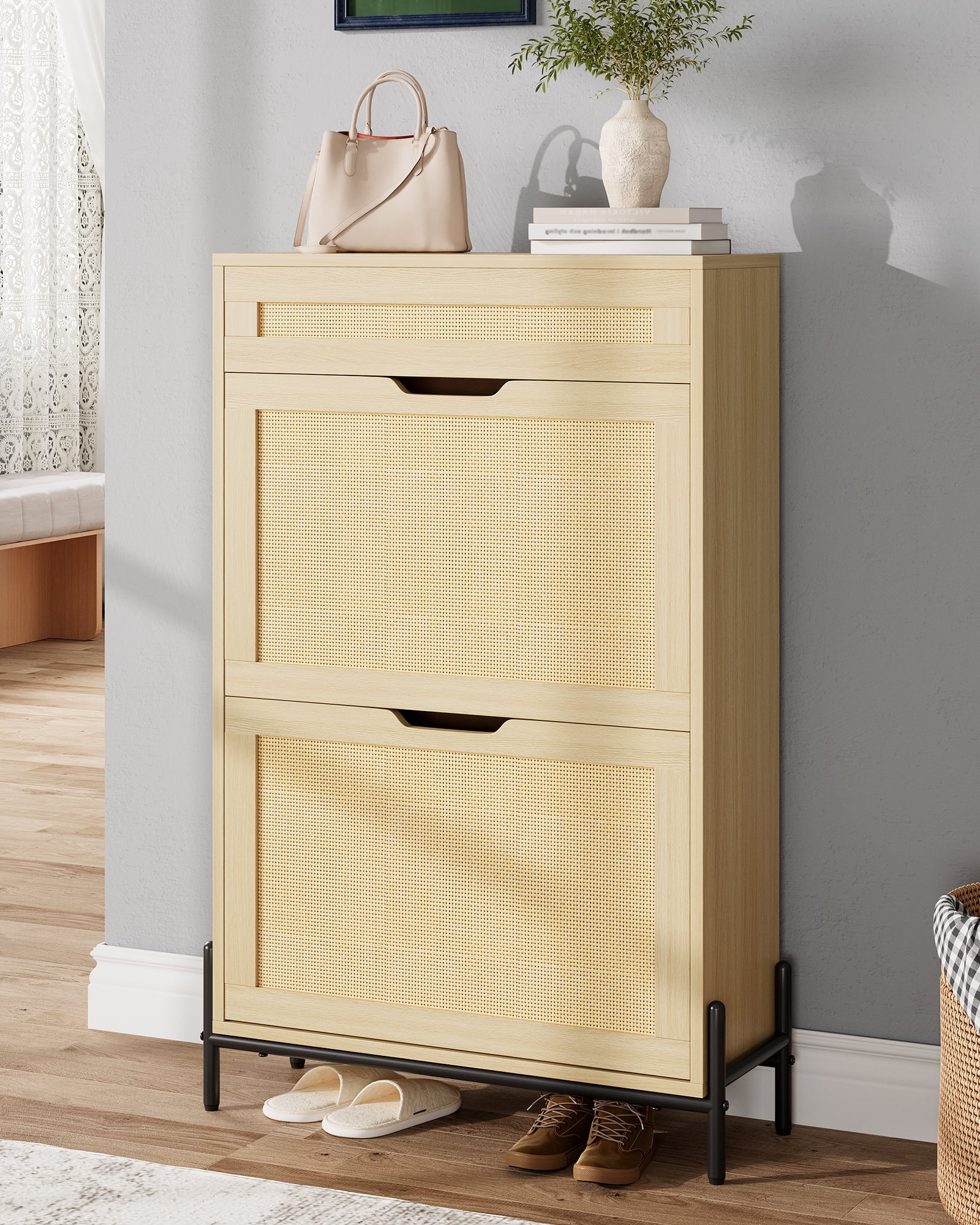 Gaderth Rattan Shoe Cabinet, Hidden 2 Flip Doors Shoe Storage, Closed ...