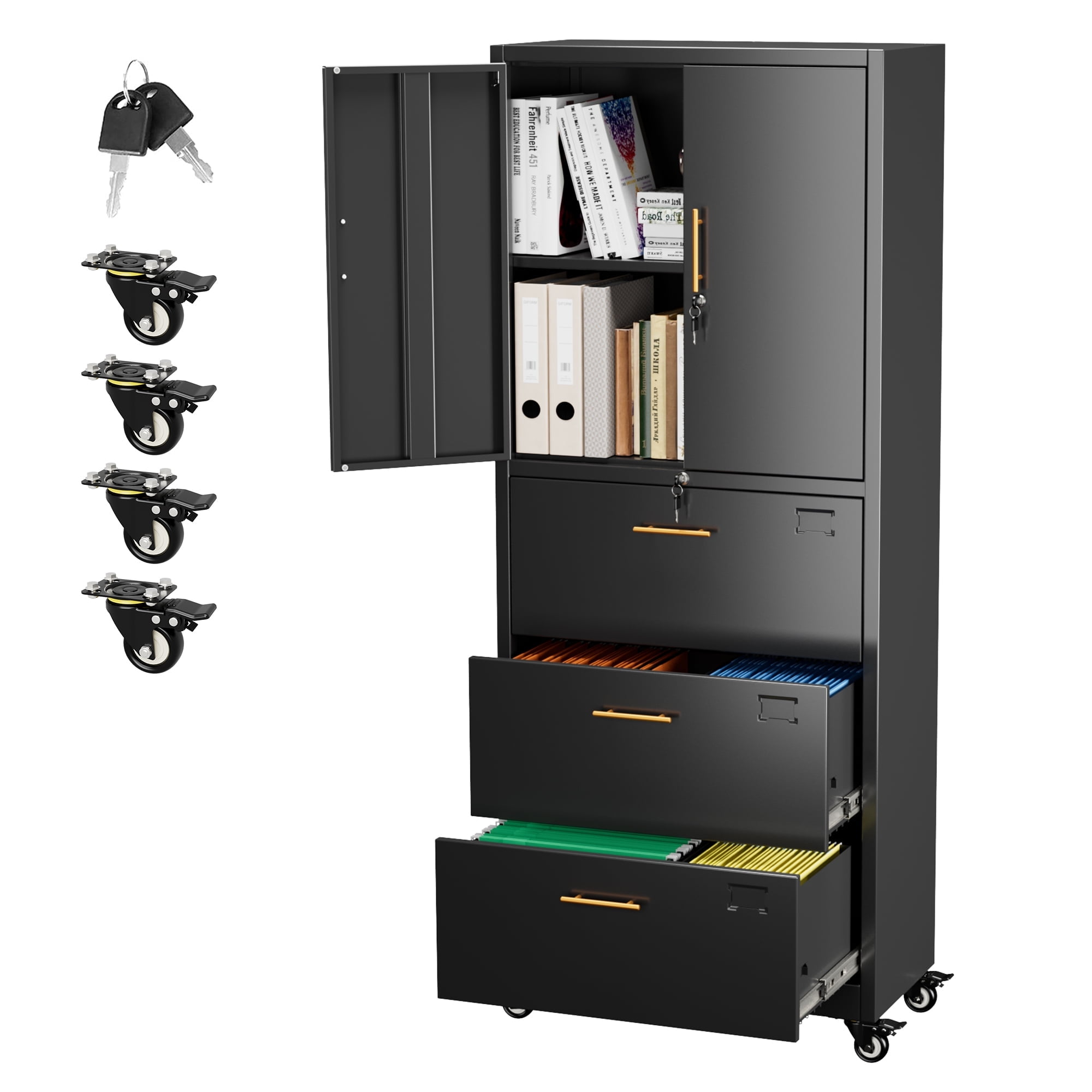 Gaeanet 3 Drawer Wide Lateral File Cabinet with Wheels & Lock,Metal ...