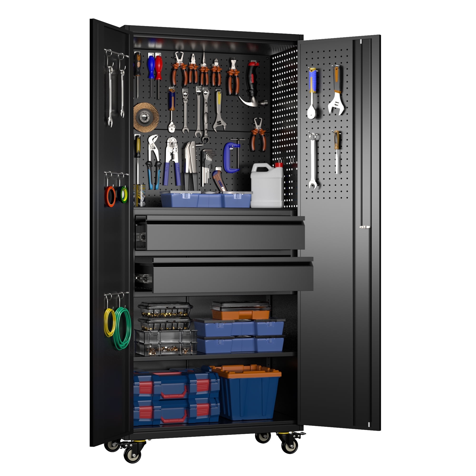 Gaeanet 71" H Metal Storage Cabinet on Wheels with Pegboards & 2 Drawer ...