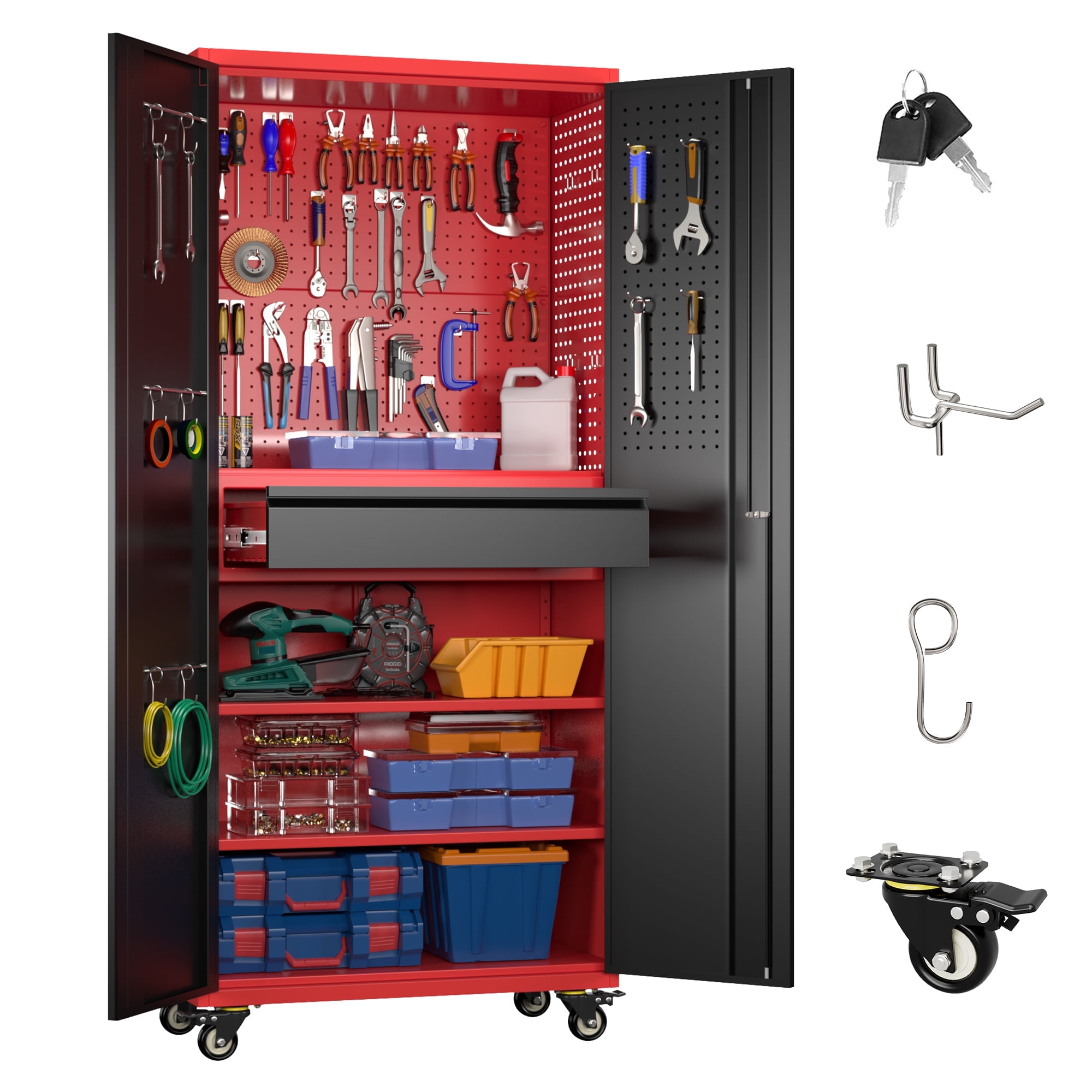 Gaeanet Metal Garage Storage Cabinet with Wheels & Pegboards,Lockable ...