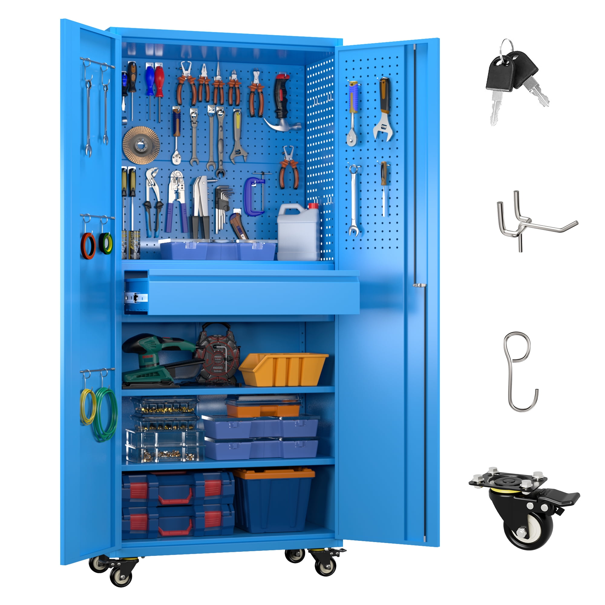 Gaeanet Metal Garage Storage Cabinet with Wheels & Pegboards,Lockable ...