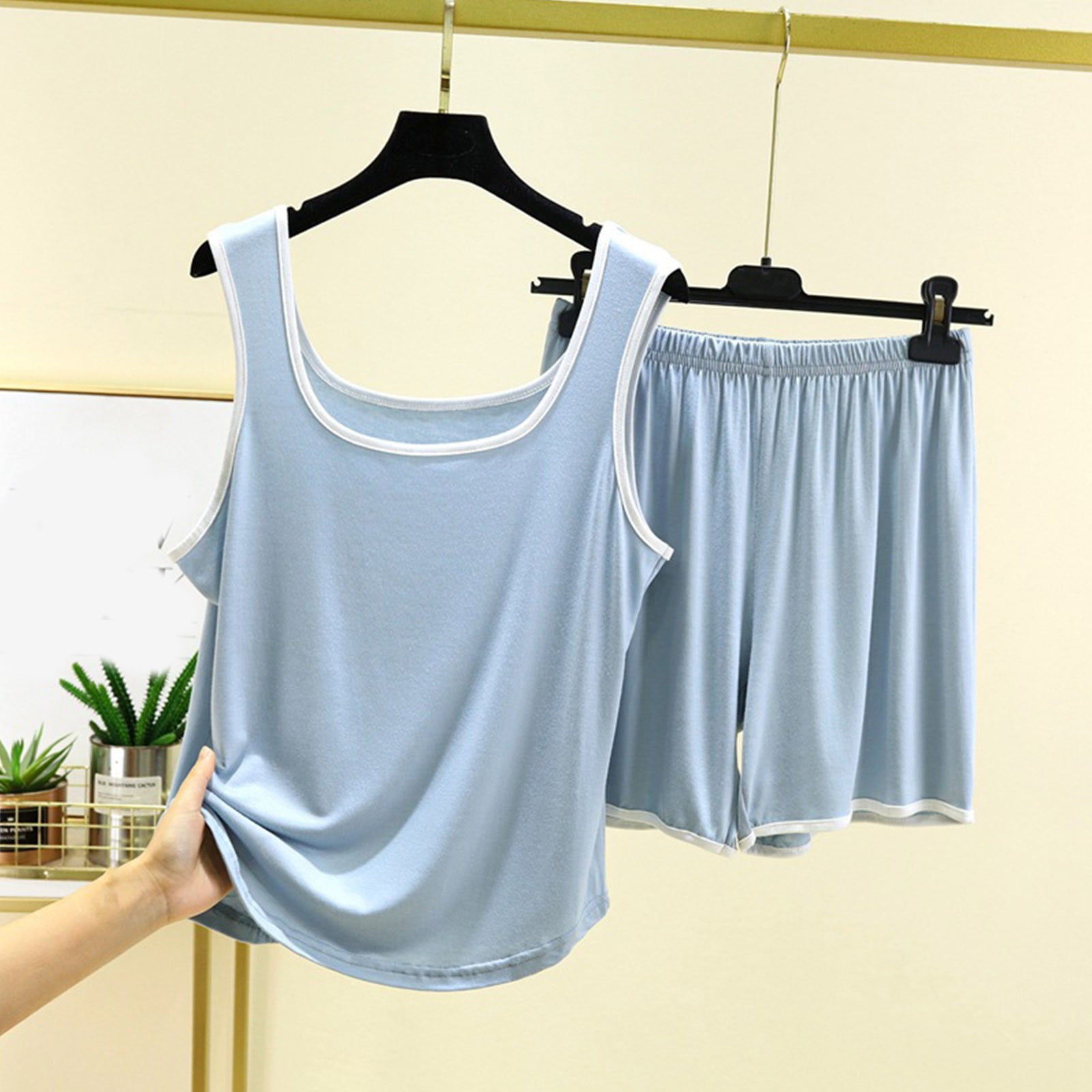 Gaecuw 2 Piece Ladies Pajamas Soft Plain Sleep Set Sleeveless Cami ...