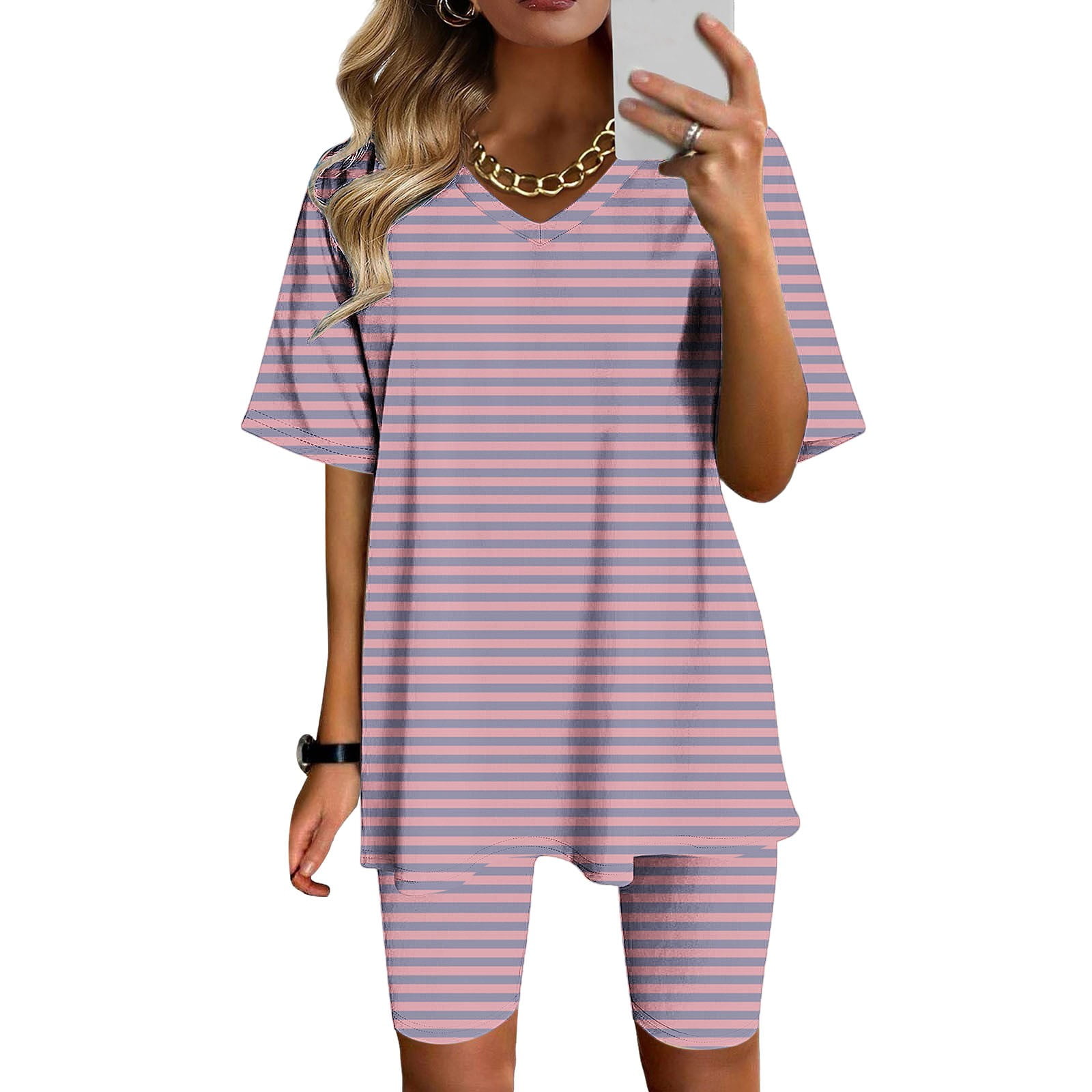 Gaecuw 2 Piece Pants Set for Women Summer Short Sleeve Mini Length Two Piece Sets V-Neck Shorts ...