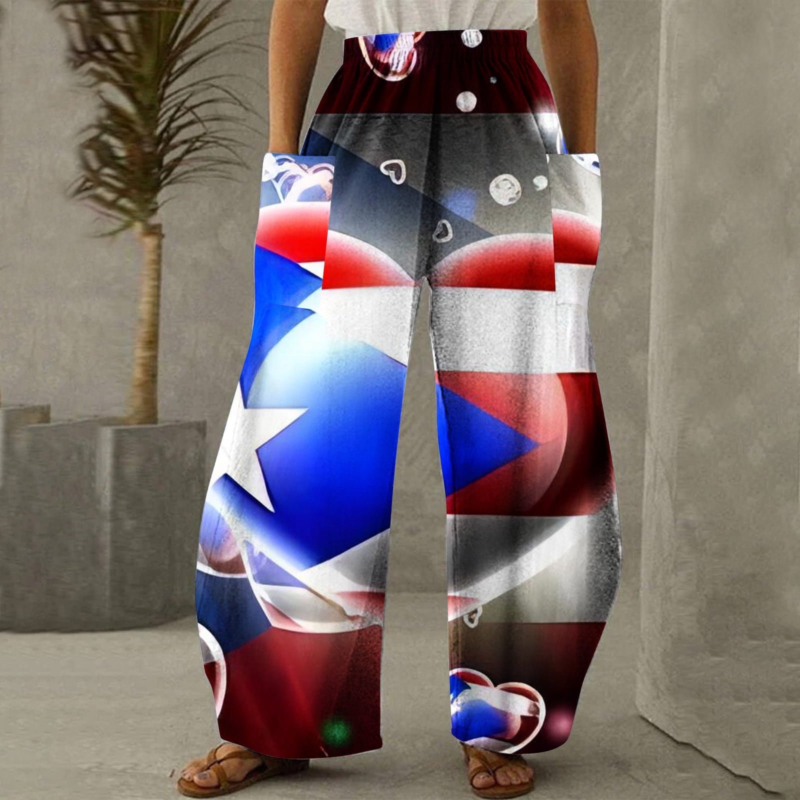 Gaecuw American Flag Palazzo Pants Casual Pockets Elastic Mid Waist ...