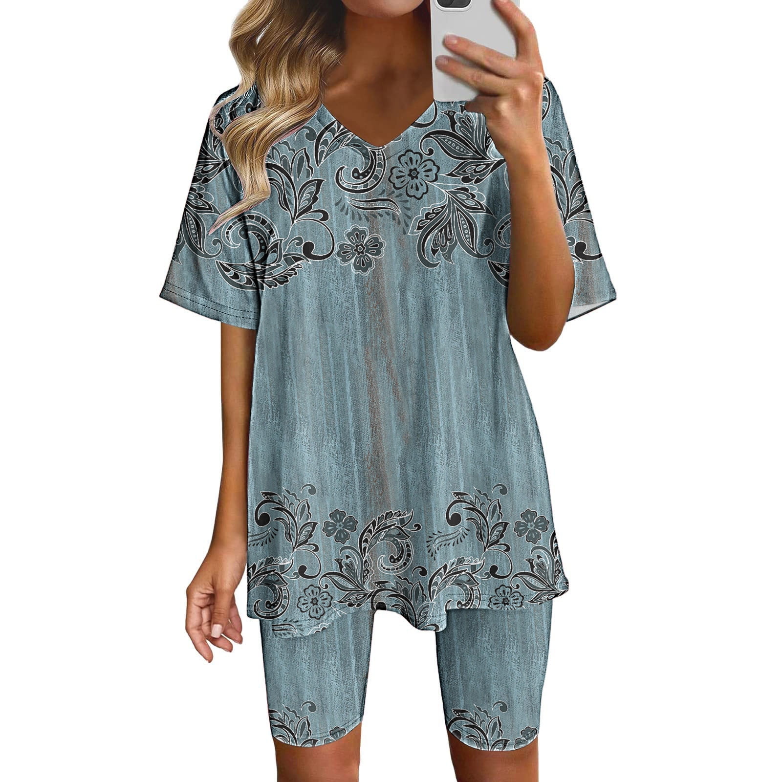 Gaecuw Biker Short Sets Women 2 Piece Outfits Legging Sets Short Sleeve Pullover Short Length ...