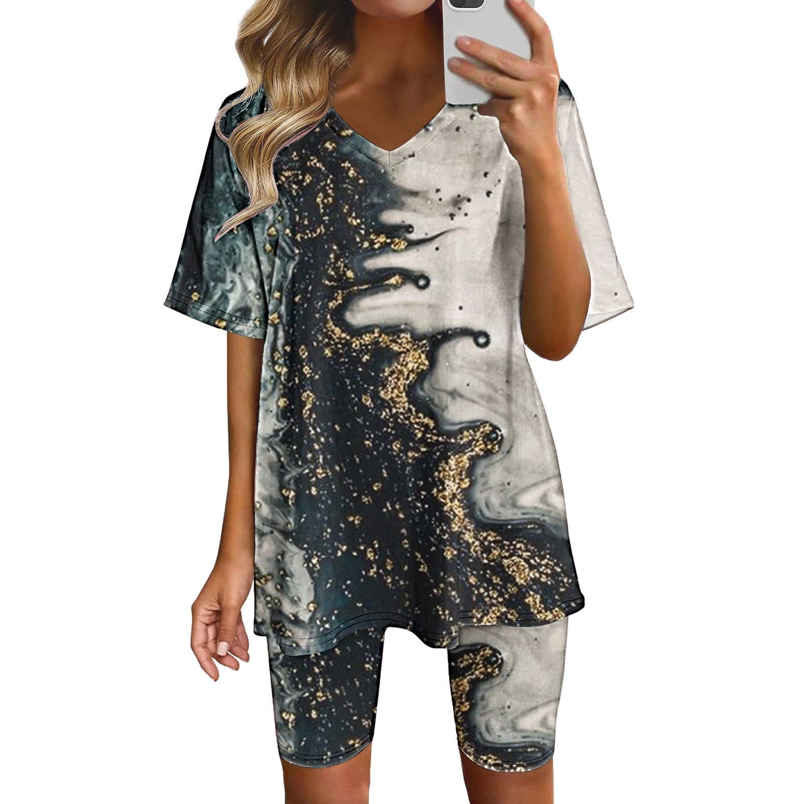 Gaecuw Biker Short Sets Women 2 Piece Outfits Legging Sets Short Sleeve Pullover Short Length ...