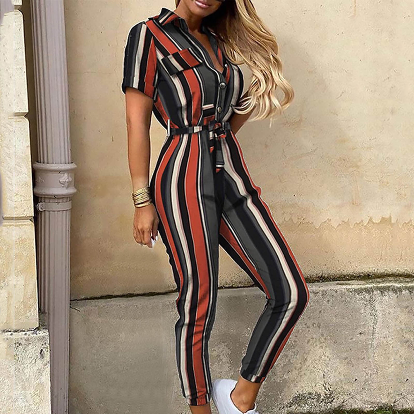 Gaecuw Jumpsuits for Women Dressy Short Sleeve Overall V Neck Band ...