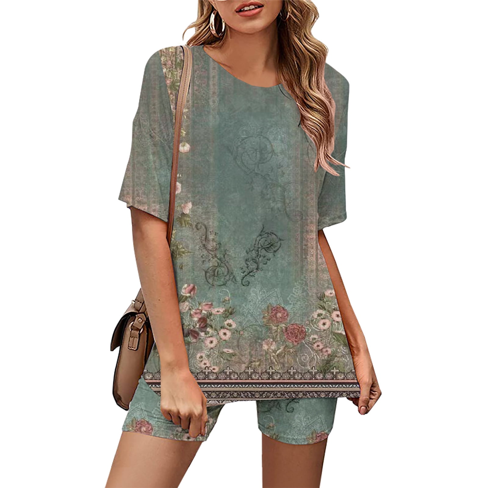 Gaecuw Short Sets Women 2 Piece Outfits Dressy Legging Sets Short Sleeve Pullover Short Length ...