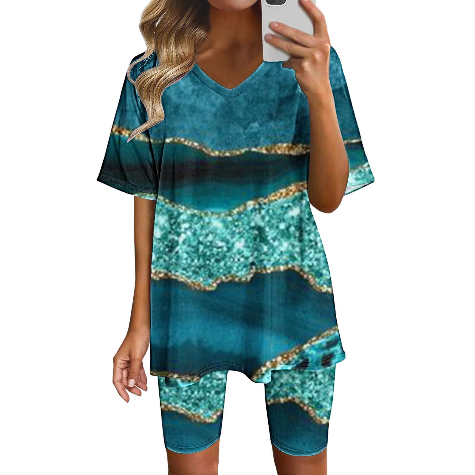 Gaecuw Short Sets Women 2 Piece Outfits Legging Sets Short Sleeve Pullover Short Length Seamless ...