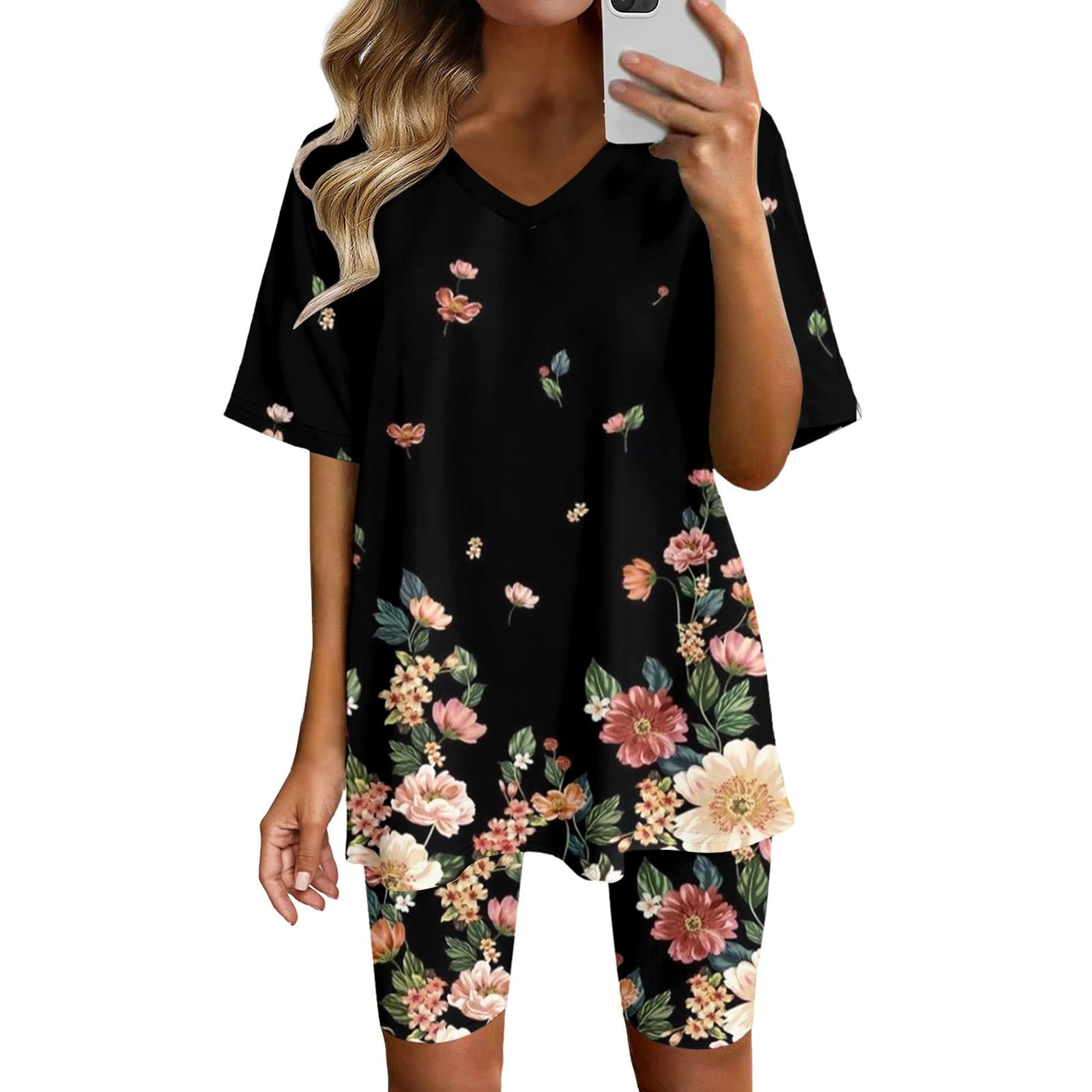 Gaecuw Short Sets for Women Legging Sets Short Sleeve Pullover Short Length Seamless Shorts V ...