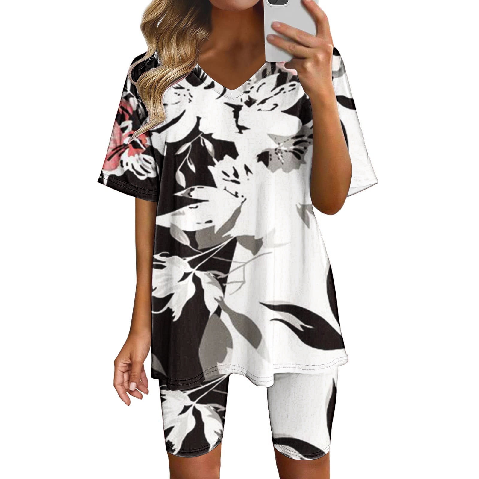 Gaecuw Summer Short Sets Women 2 Piece Outfits Legging Sets Short Sleeve Pullover Short Length ...