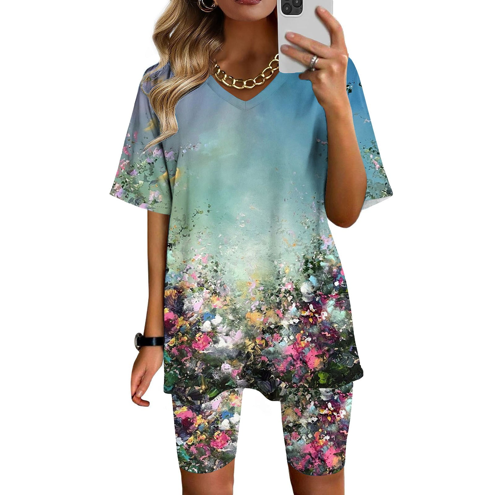 Gaecuw Two Piece Summer Sets Shorts Legging Sets Short Sleeve Pullover Short Length Seamless ...