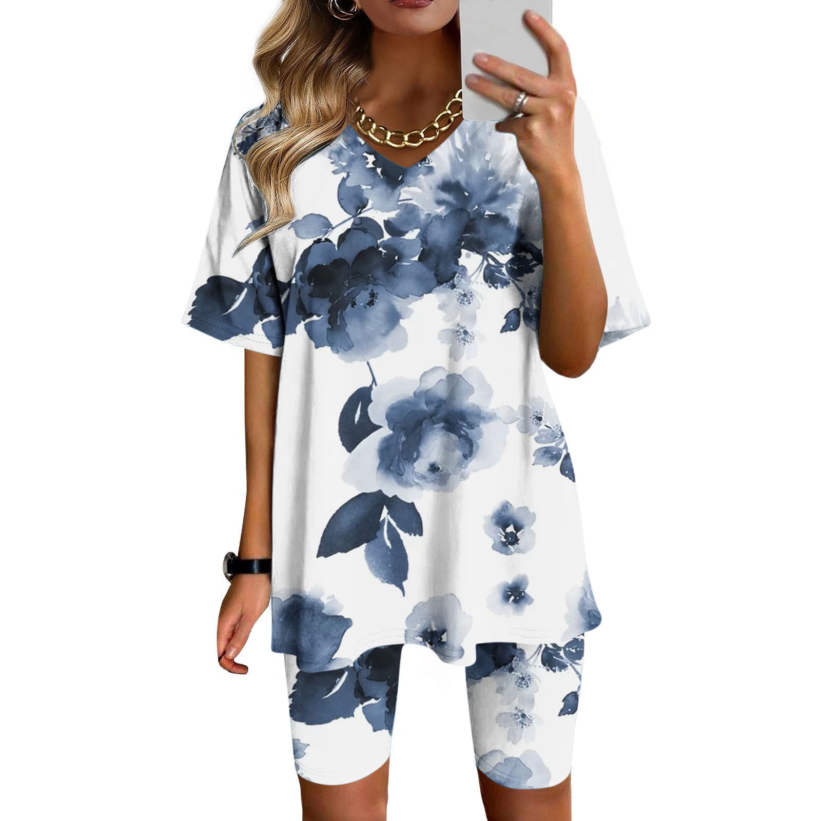 Gaecuw Women Two Piece Short Set Two Piece Outfits for Women Plus Size Short Sleeve Cold ...