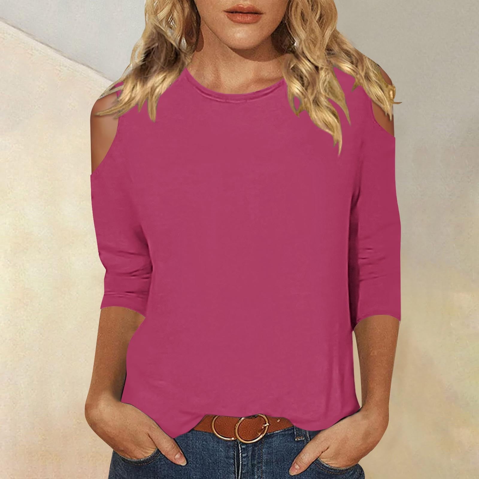 Gaecuw Womens Blouses 3/4 Sleeve Loose Fit Summer Plain Cold Shoulder ...