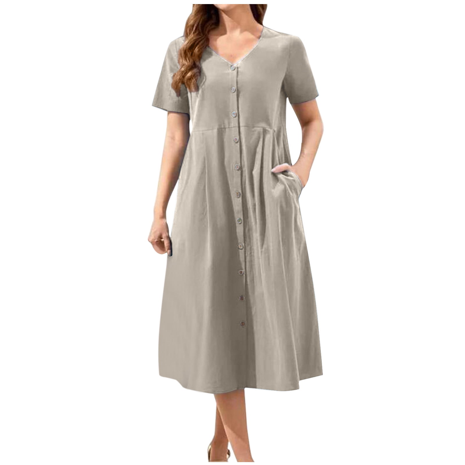 Gaecuw Womens Linen Dresses V Neck Short Sleeve Below the Knee Midi ...