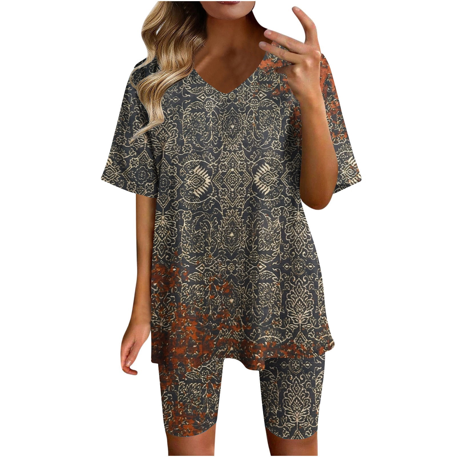 Gaecuw Womens Short Sets 2 Piece Outfits Summer Legging Sets Short Sleeve Pullover Short Length ...