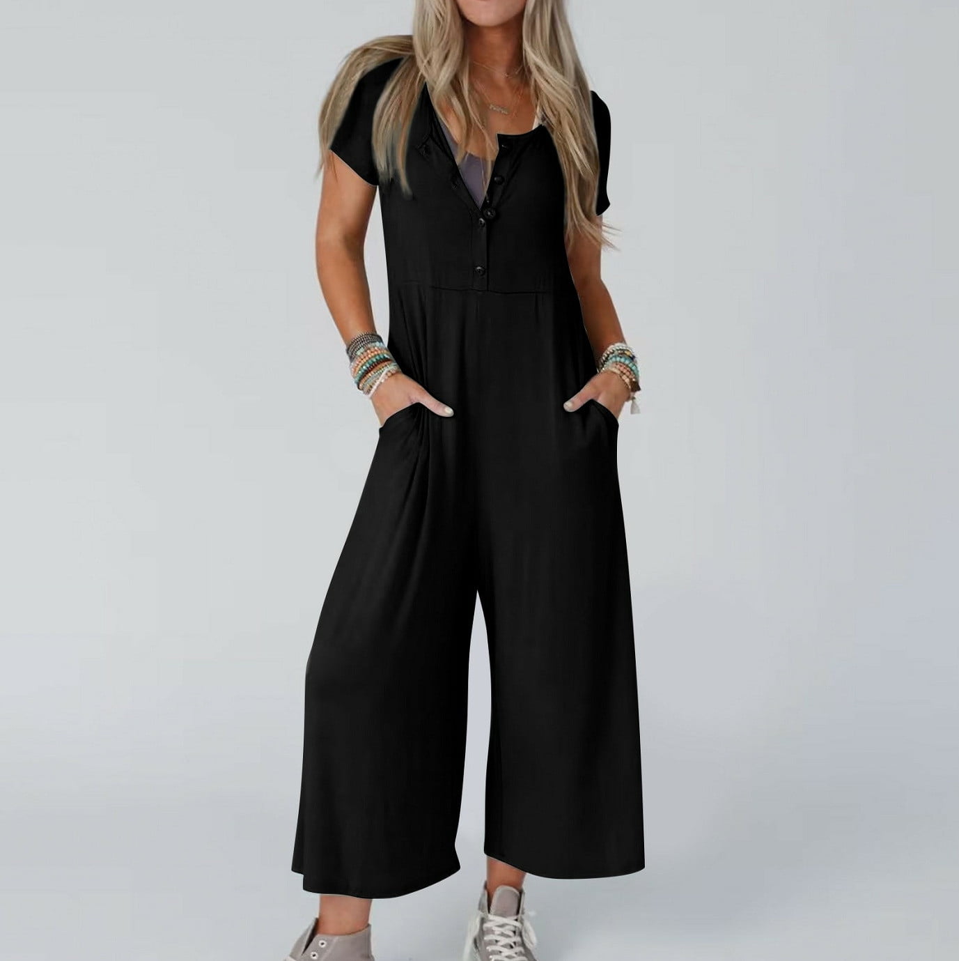 Gaecuw Womens Short Sleeve Jumpsuits V-Neck Rompers Solid Color Button ...